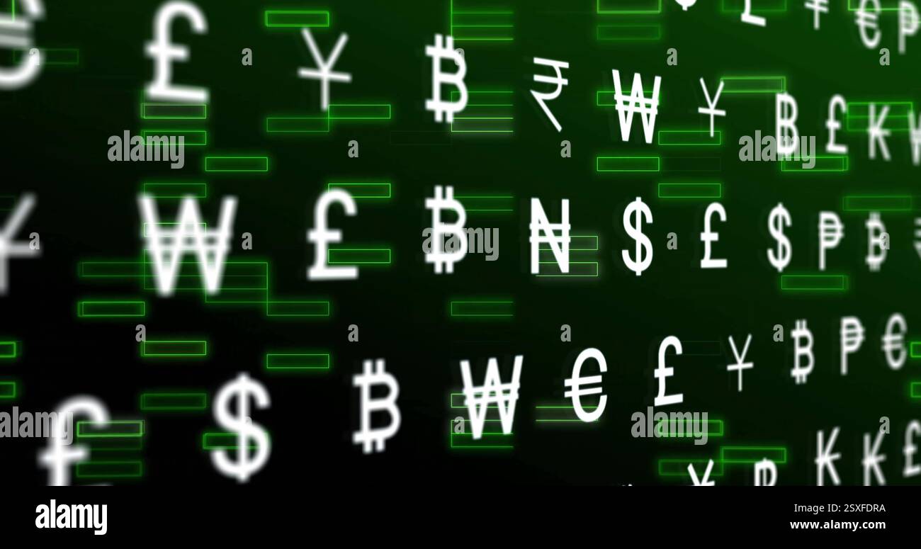 Image of financial data processing and currency symbols on black ...