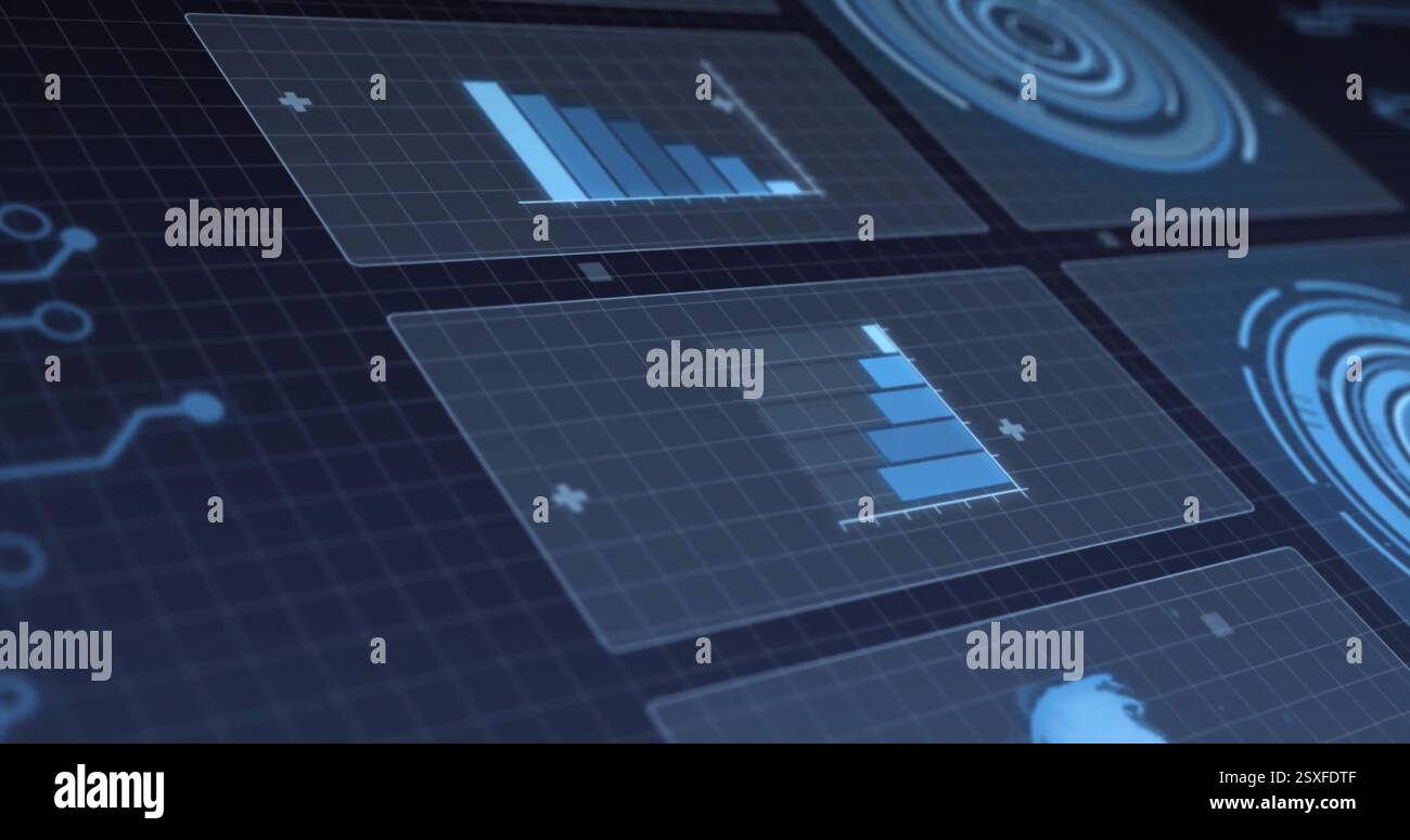 Image of digital data processing and scope scanning on screens over black background Stock Photo ...