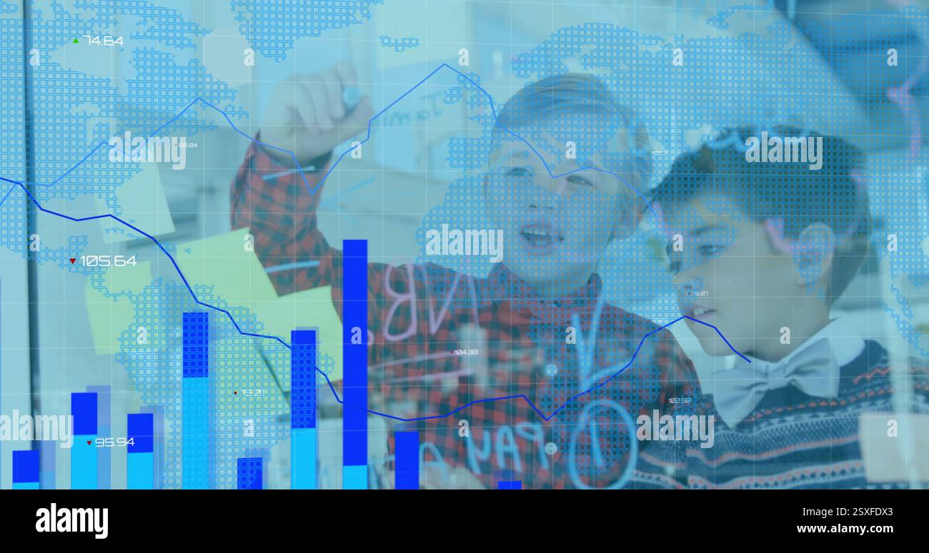 Image of diagrams and world map over diverse boys discussing work in ...