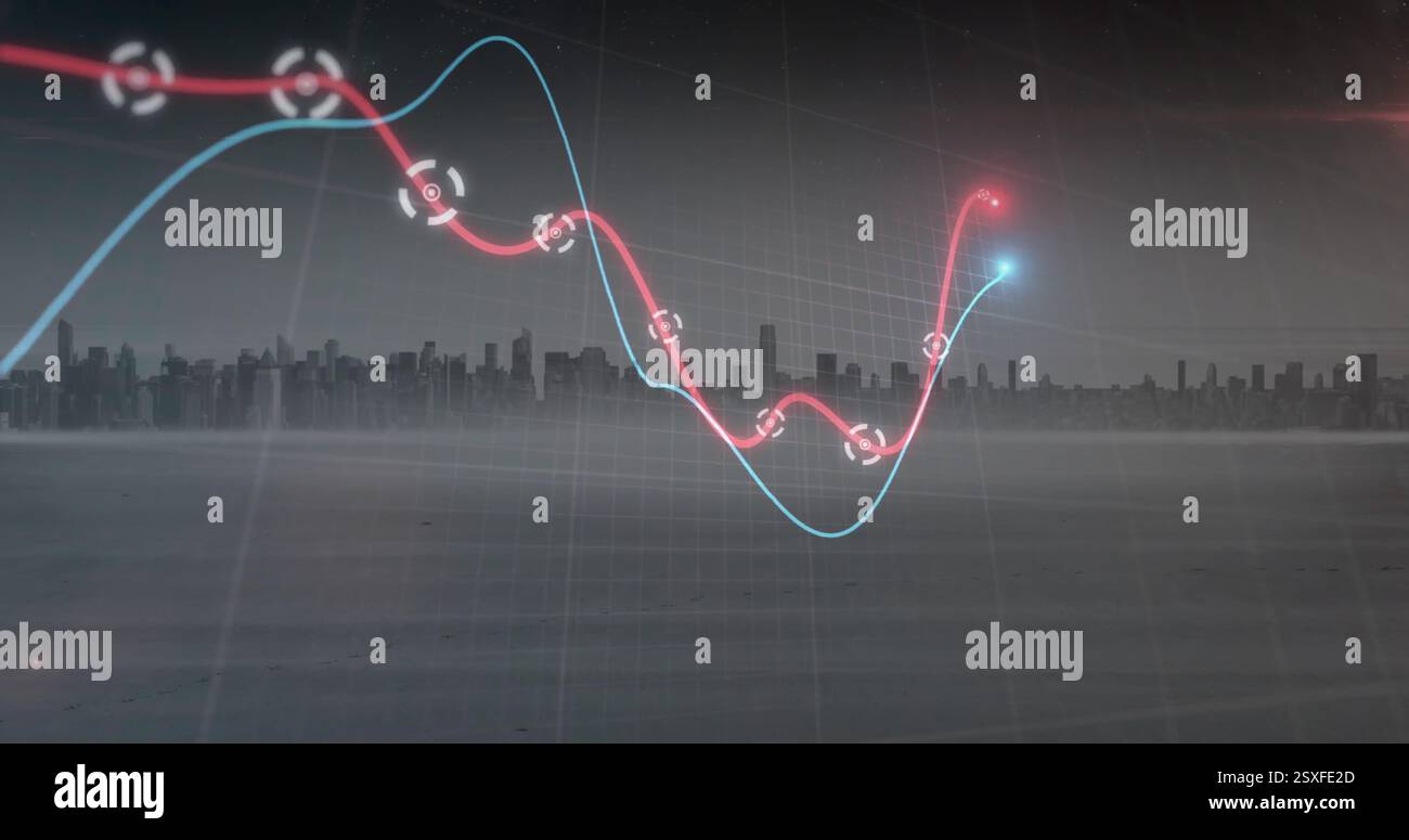 Image of pink and red graph processing data over cloudy grey cityscape ...
