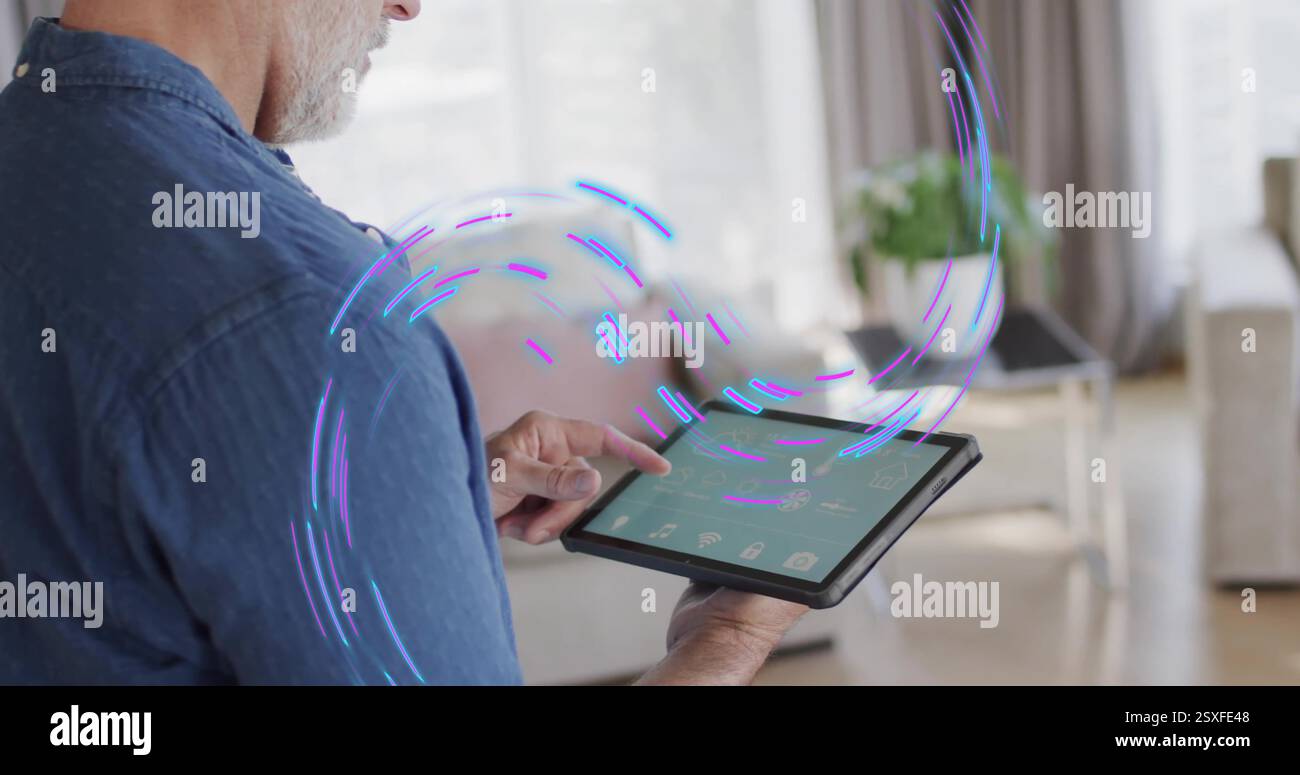 Image of purple shapes moving over caucasian man using tablet with ...