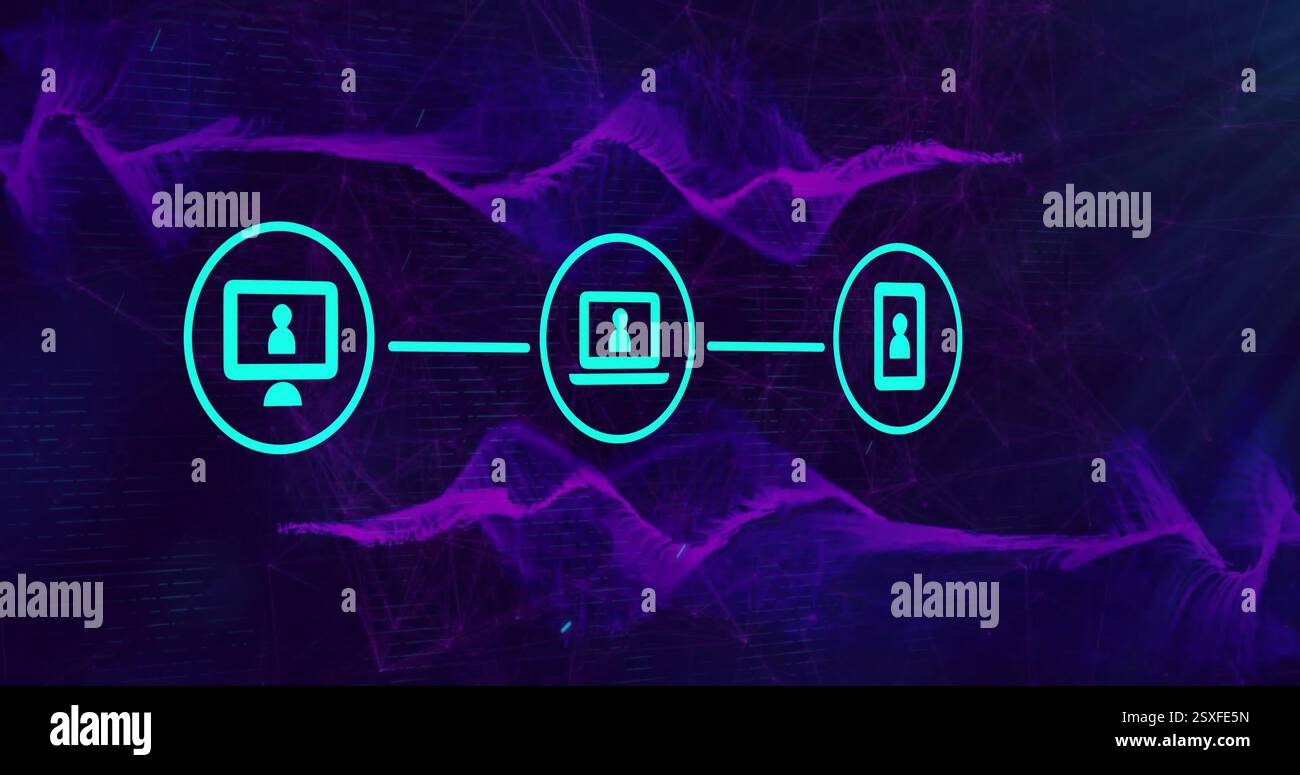 Connected devices image over purple abstract background Stock Photo - Alamy