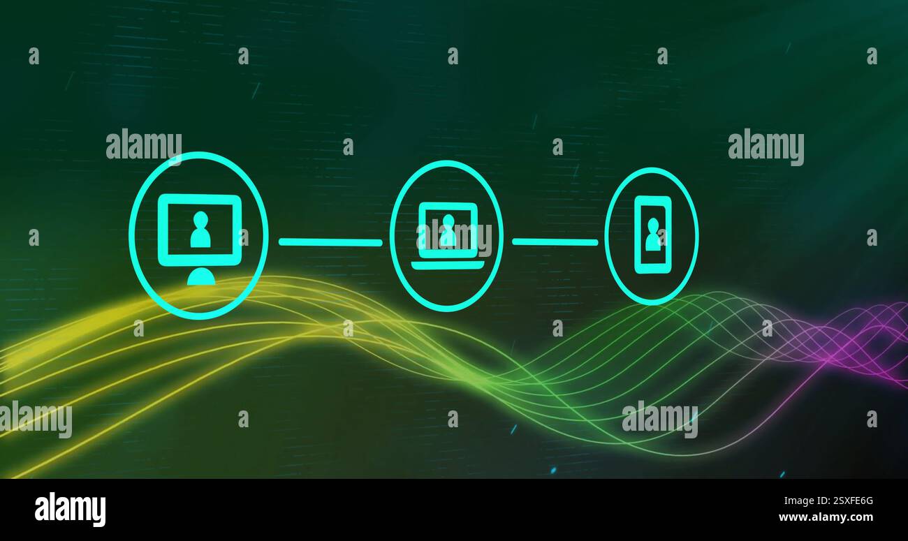 Image of network of connections with digital icons over green ...