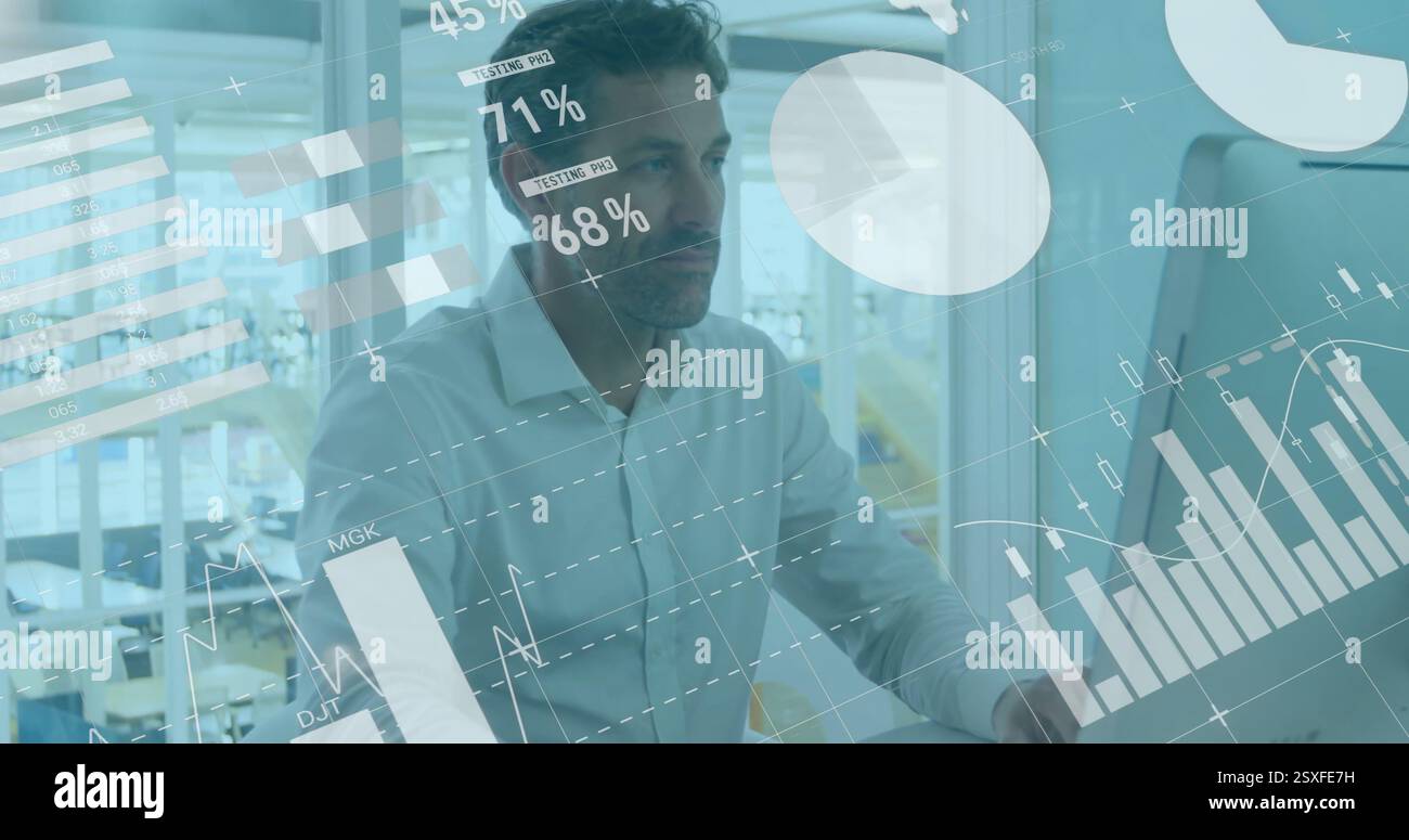 Image of graphs and charts processing over caucasian casual businessman ...