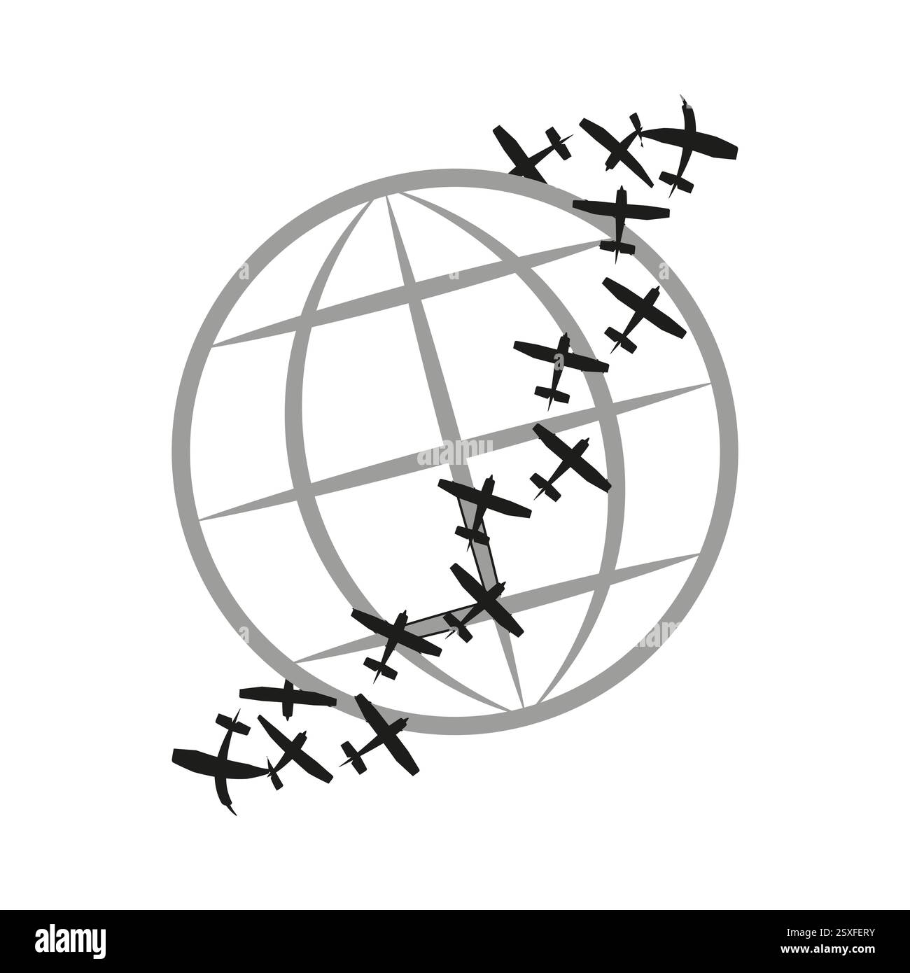 Airplanes around globe. Global aviation concept. Black and white vector ...
