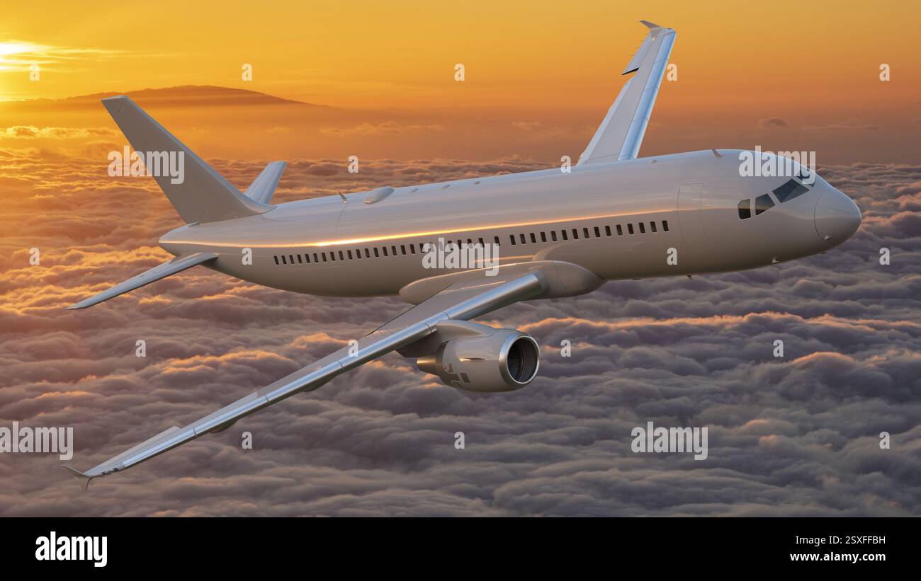 Passenger plane in flight over clouds at sunset-concept of air ...