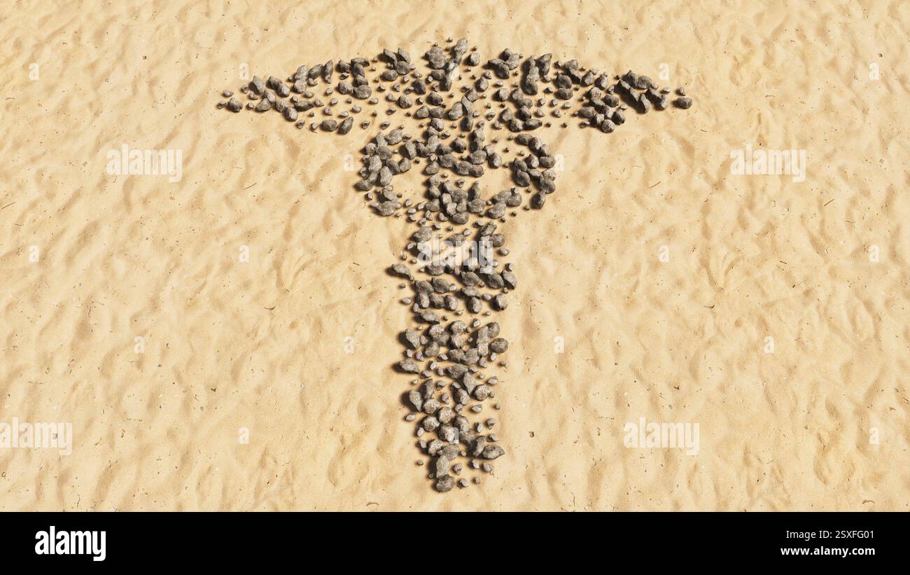 Concept conceptual stones on beach sand handmade symbol shape, golden ...