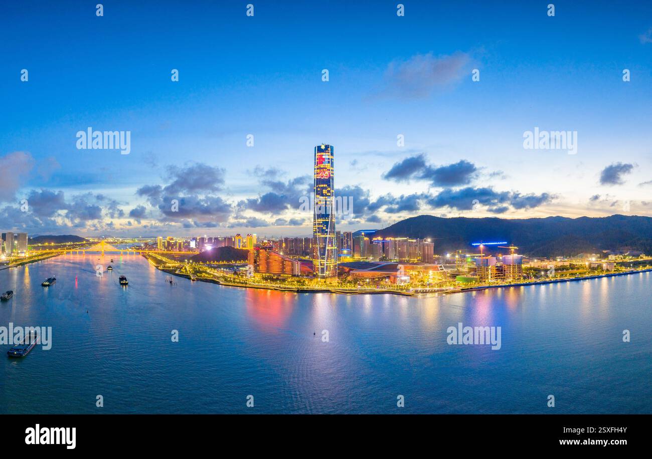 Night aerial view of Zhuhai Center Building in Guangdong Province ...