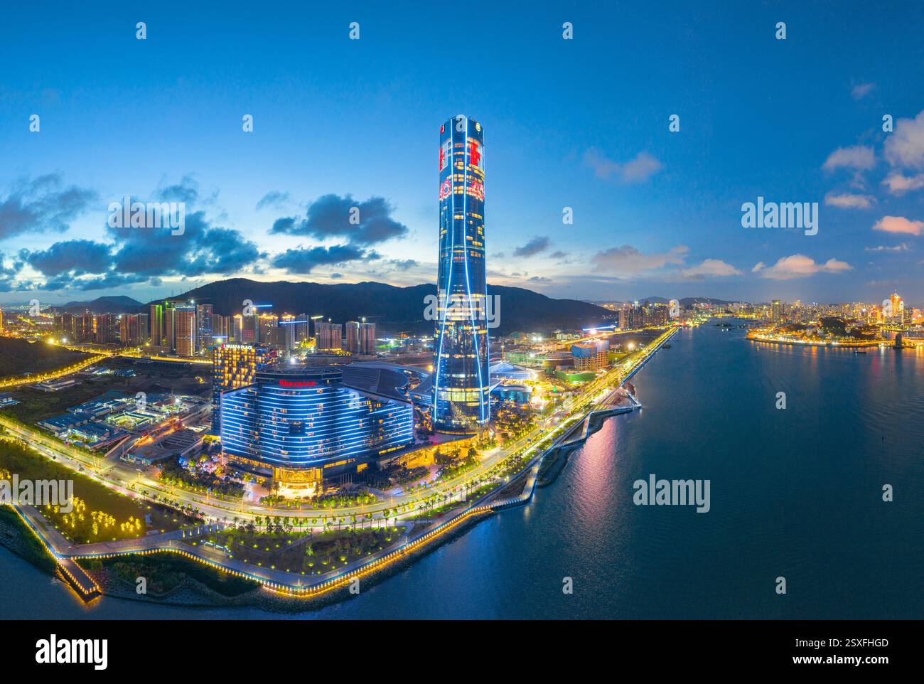 Night aerial view of Zhuhai Center Building in Guangdong Province ...