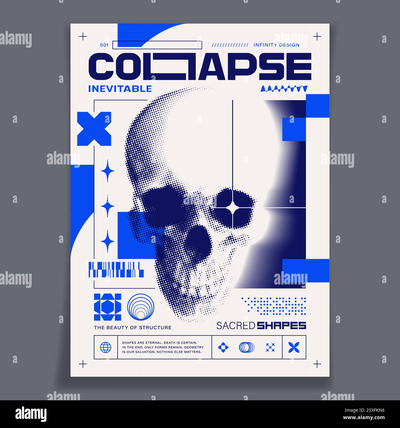 Brutalist poster design template. Halftone skull with abstract ...