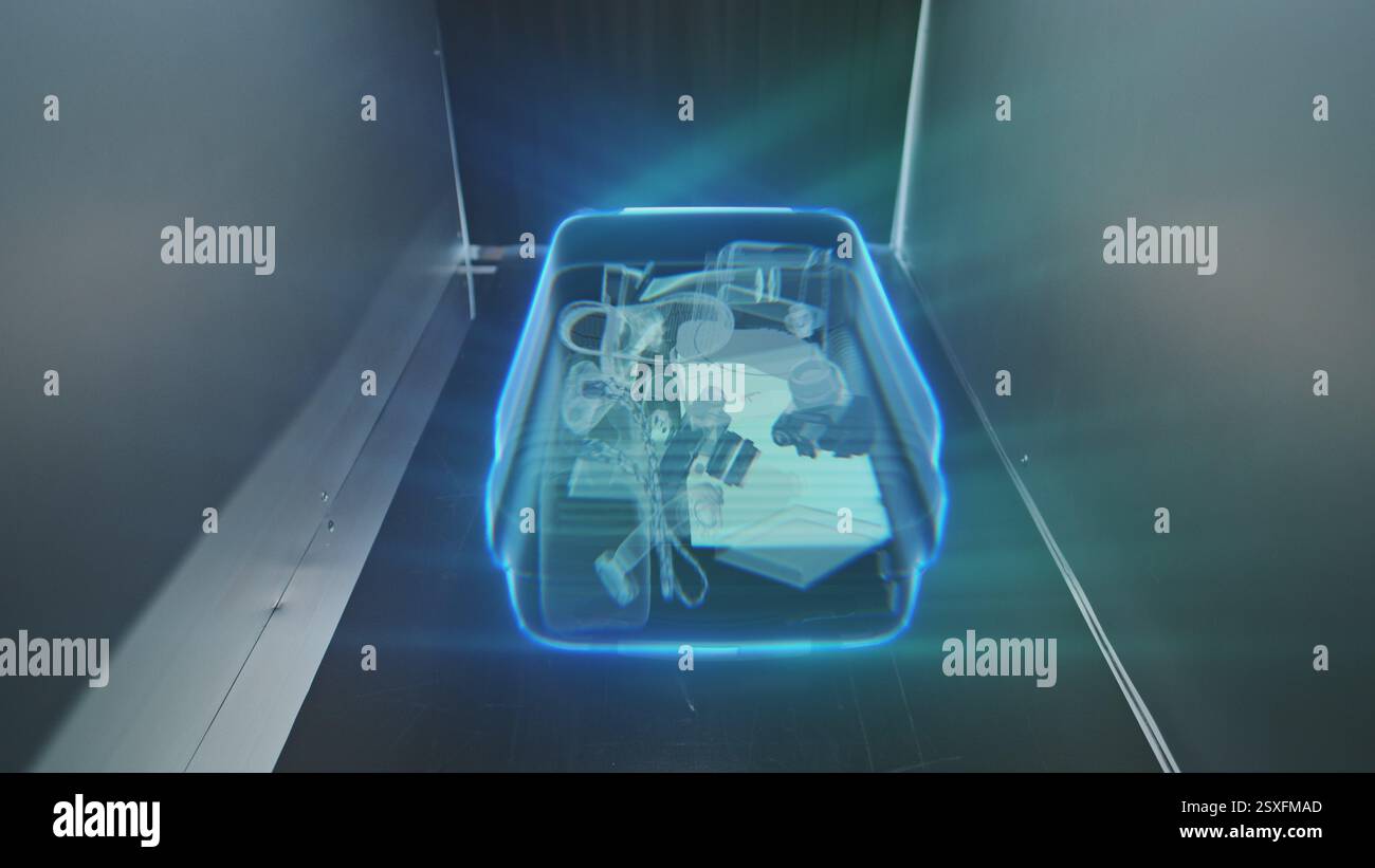 Airport Security Checkpoint: Advanced X-ray Metal Detector Scanner Scanning Inside of the ...