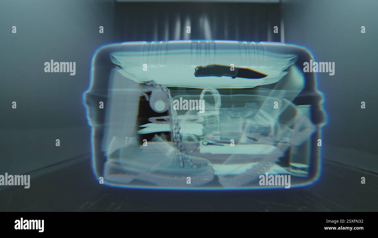 Baggage Screening: Advanced Metal Detector Scanner. VFX Animation Visualizing Inside the ...