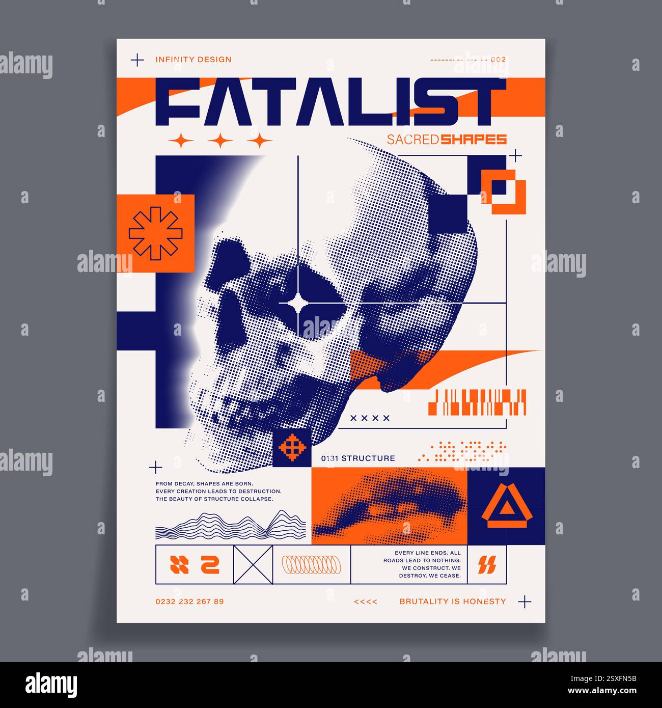 Brutalist poster design template. Halftone skull with abstract ...