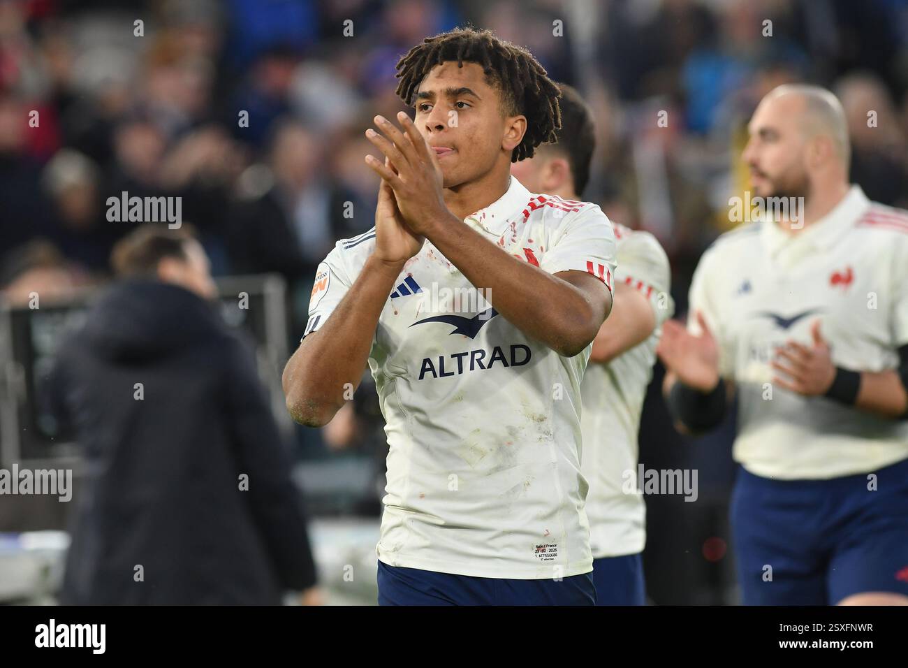 Theo Attissogbe of France celebrates during the Guinness Six Nations ...