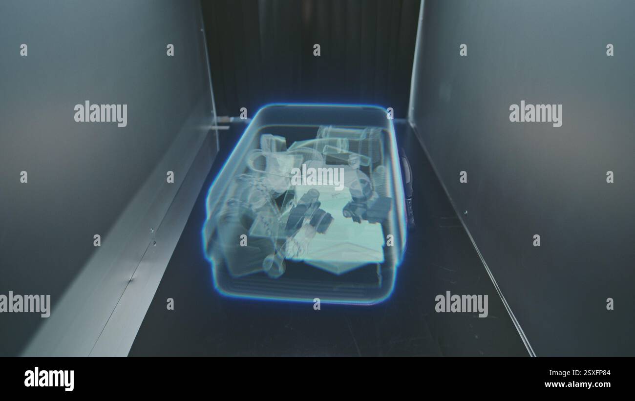 Baggage Screening: Advanced Metal Detector Scanning. VFX Animation Visualizing Inside of the ...