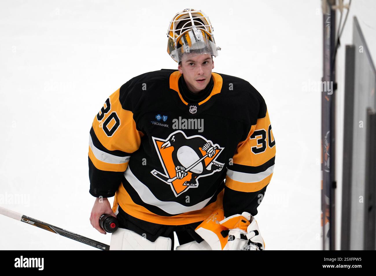 Pittsburgh Penguins goaltender Joel Blomqvist takes a timeout during ...