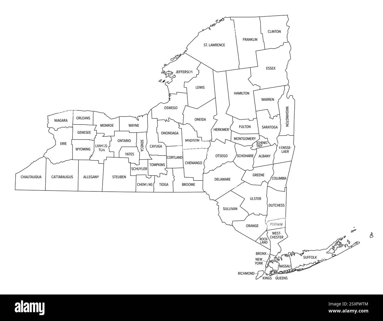 New York State subdivided into 62 counties, outline map. State of the ...