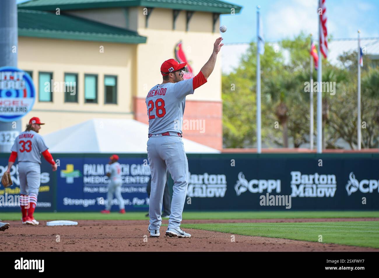 Feb 22, 2025; Jupiter, FL, USA; St. Louis Cardinals third baseman Nolan ...