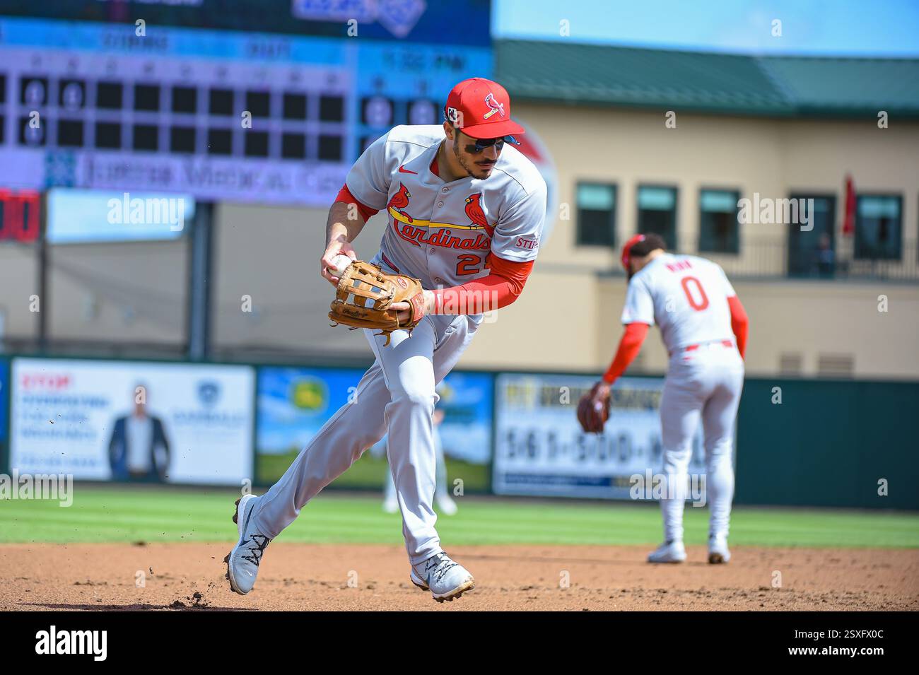 Feb 22, 2025; Jupiter, FL, USA; St. Louis Cardinals third baseman Nolan ...