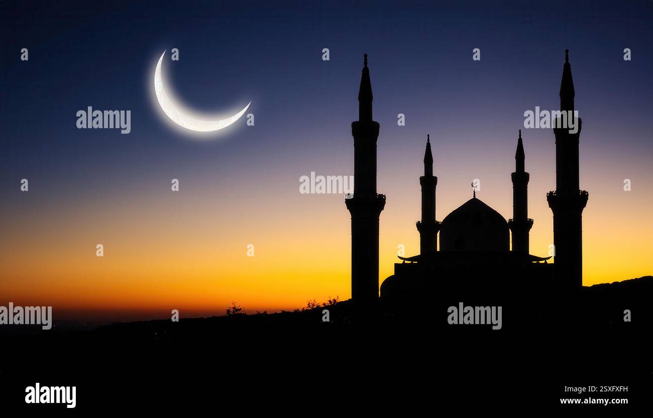 As the sun sets, the crescent moon casts its glow over the silhouetted mosque, marking Iftar ...