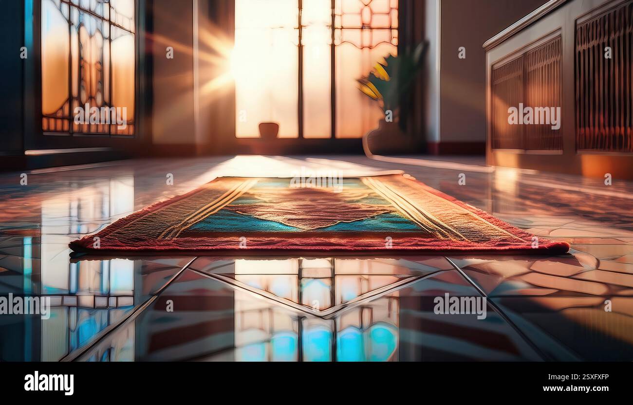A serene prayer mat welcomes sunset light, marking the special moment ...