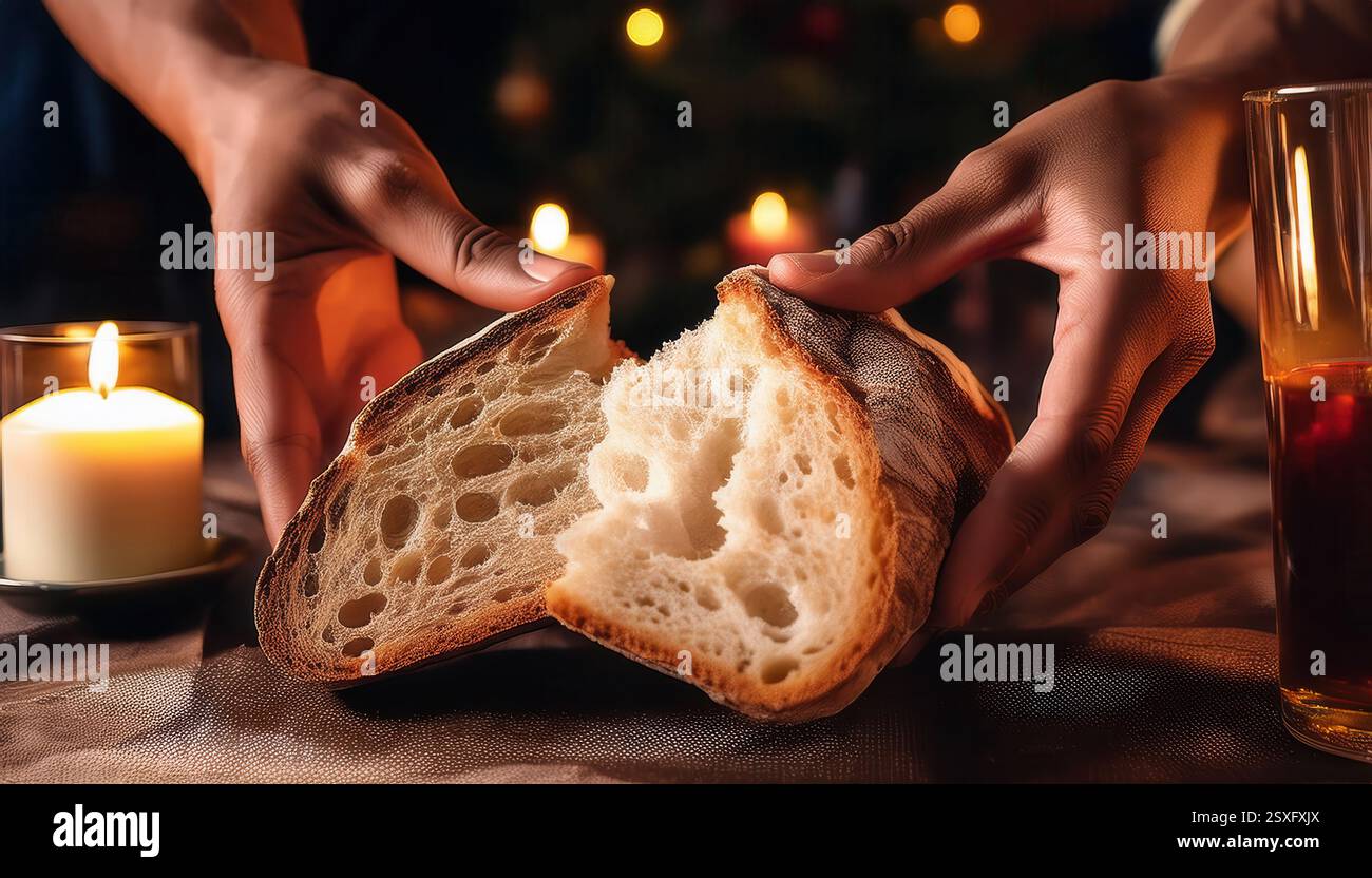 Hands break freshly baked bread as friends gather to break their fast ...
