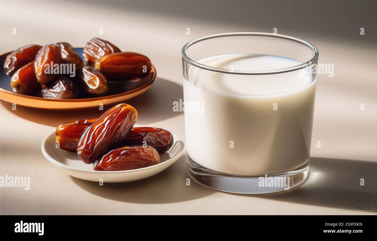 Dates and milk sit elegantly together, symbolizing Ramadan traditions ...