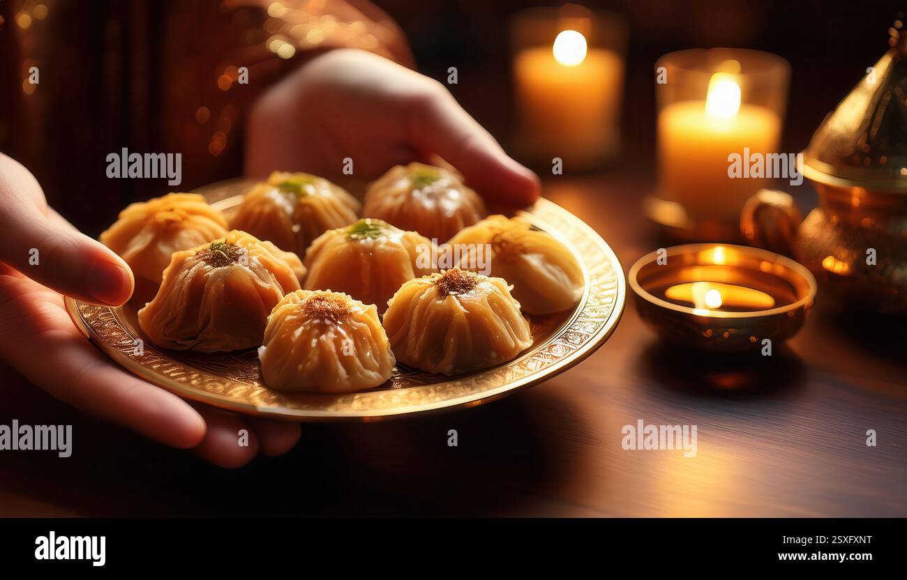A warm gathering features a hand offering a plate of sweets and dates ...