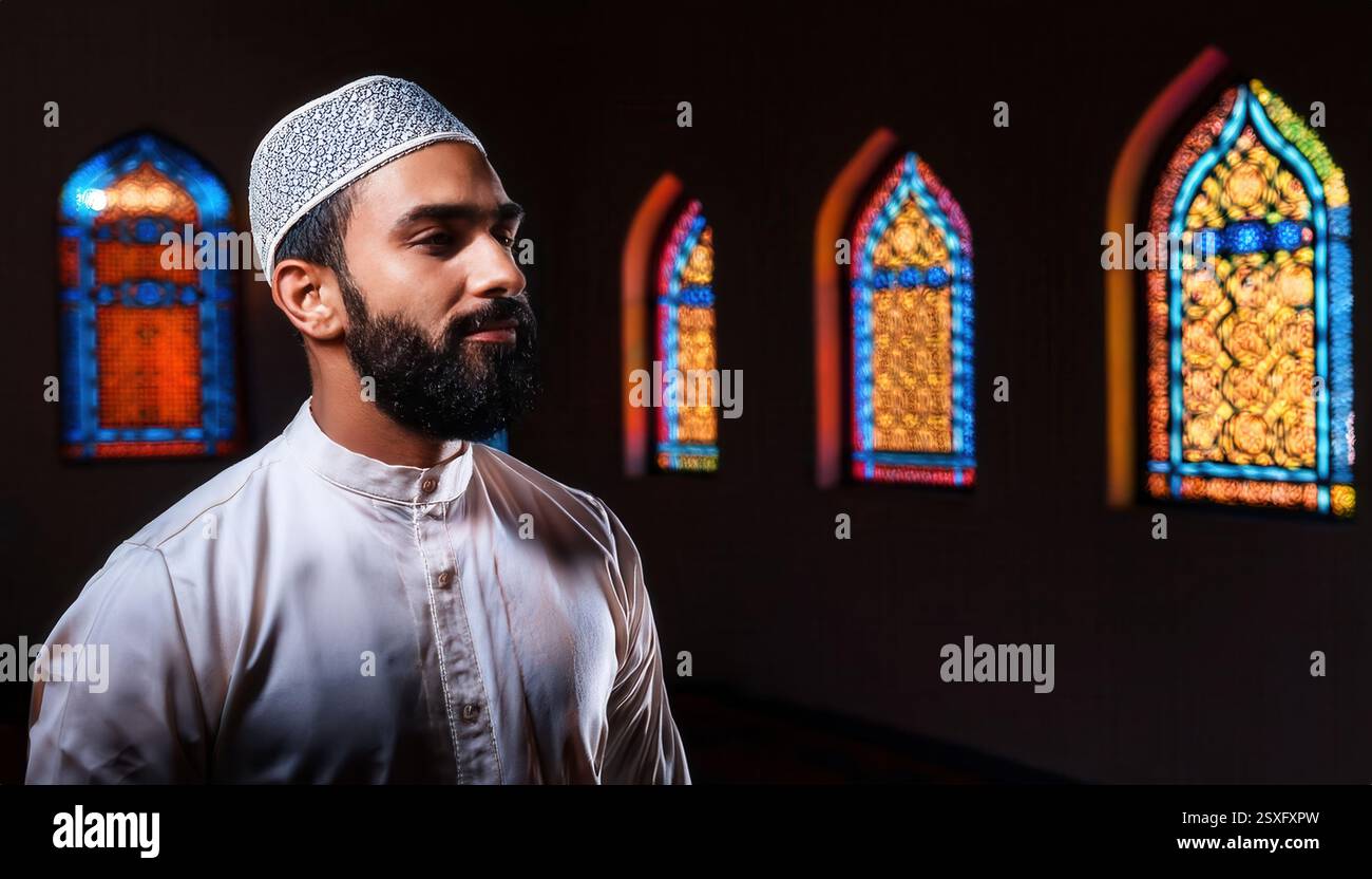 A man in traditional attire enjoys a tranquil moment as the sun sets ...