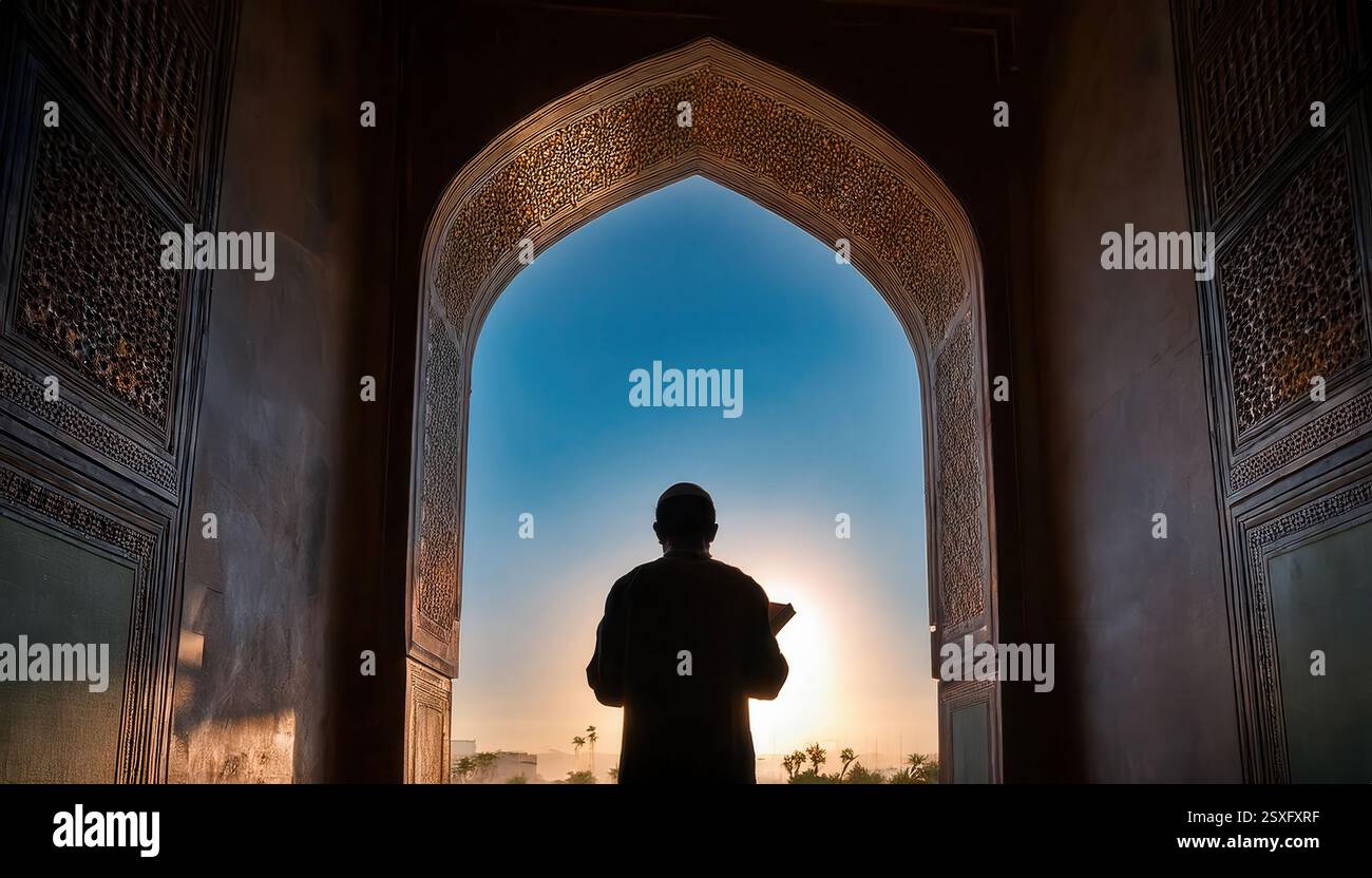 A figure stands silhouetted by an ornate doorway, engaging in prayer as ...