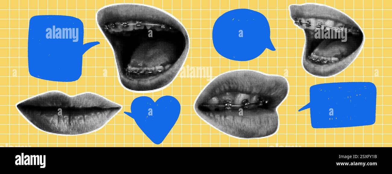 Mouth and lips in halftone texture with speech bubbles. Y2K collage ...