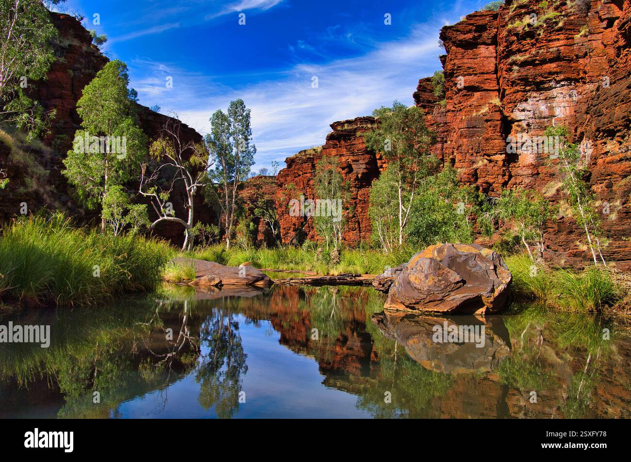 Red rocks and green trees reflecting in the clear water of a pool in ...