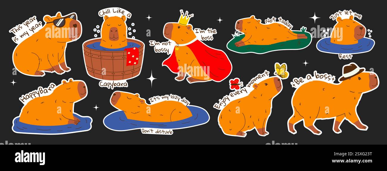 Cute capybara stickers set with text. Set of rodent characters swimming ...
