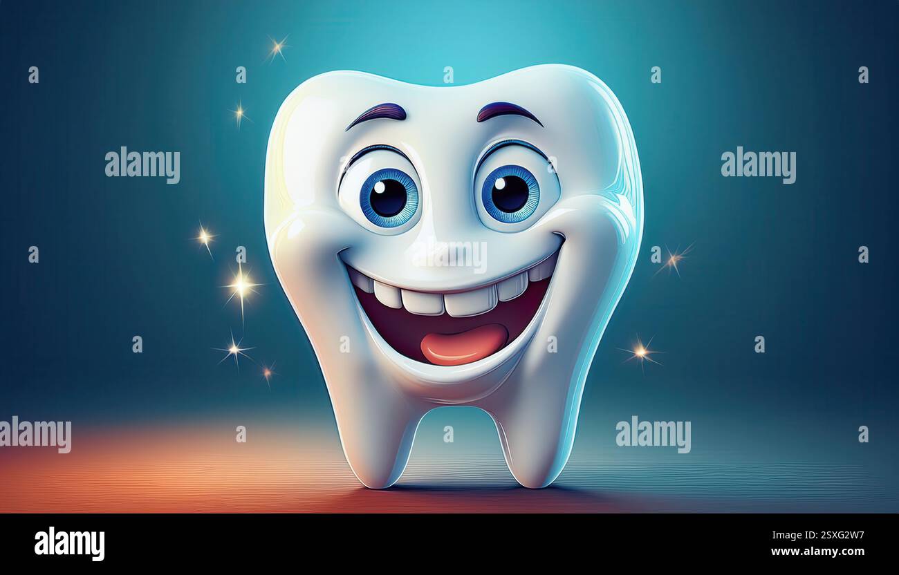A friendly tooth character with big eyes and a broad smile showcases ...