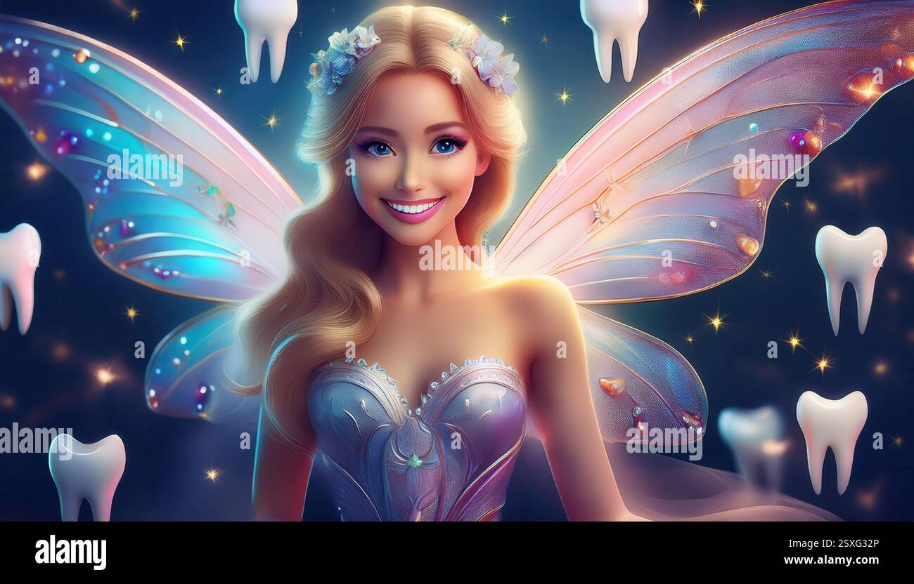 A magical fairy radiates joy while surrounded by sparkling teeth ...