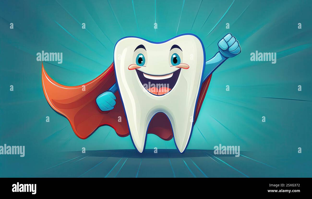 A cheerful superhero tooth with a cape encourages good dental hygiene ...