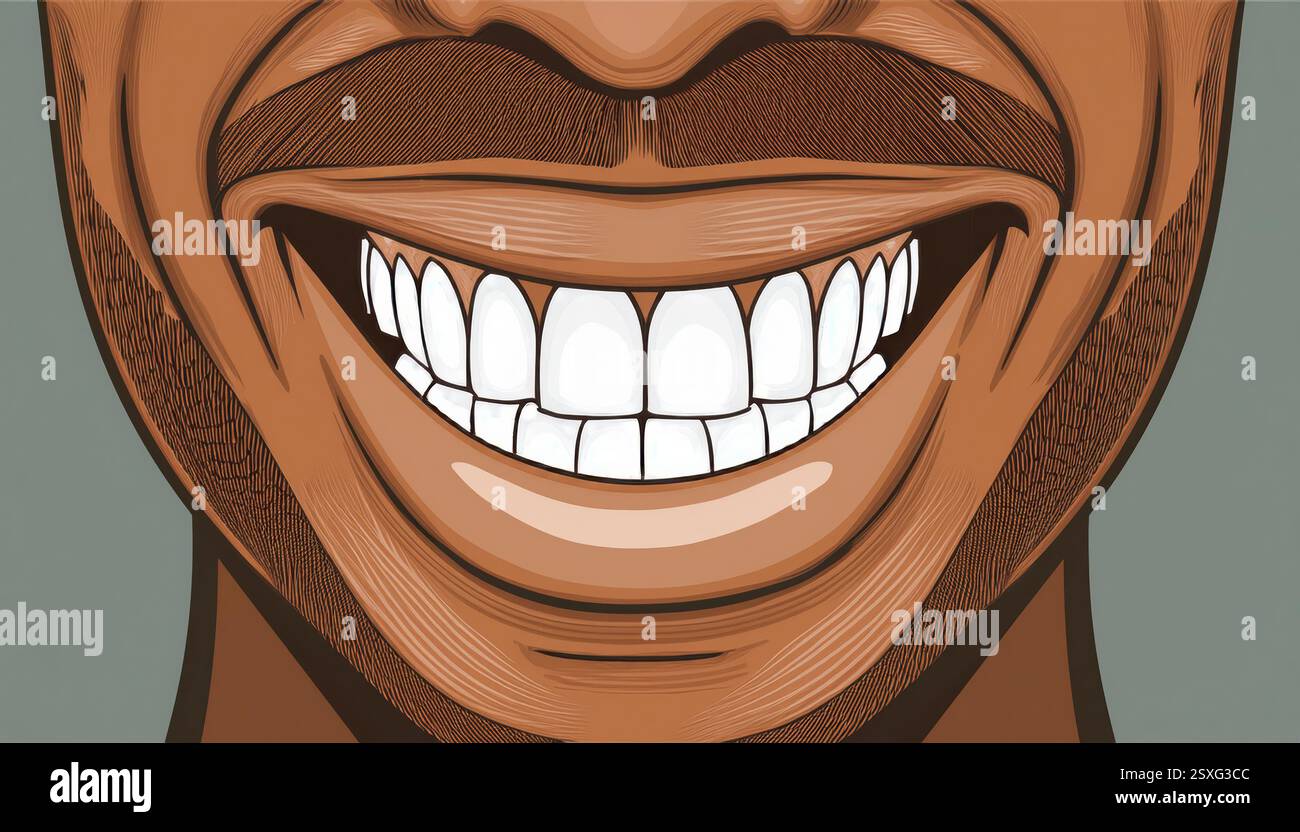 Bright white teeth gleam in a cheerful expression, emphasizing dental ...