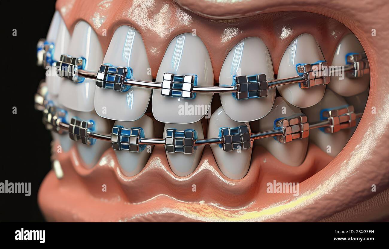 Realistic portrayal of dental braces highlighting the alignment of ...
