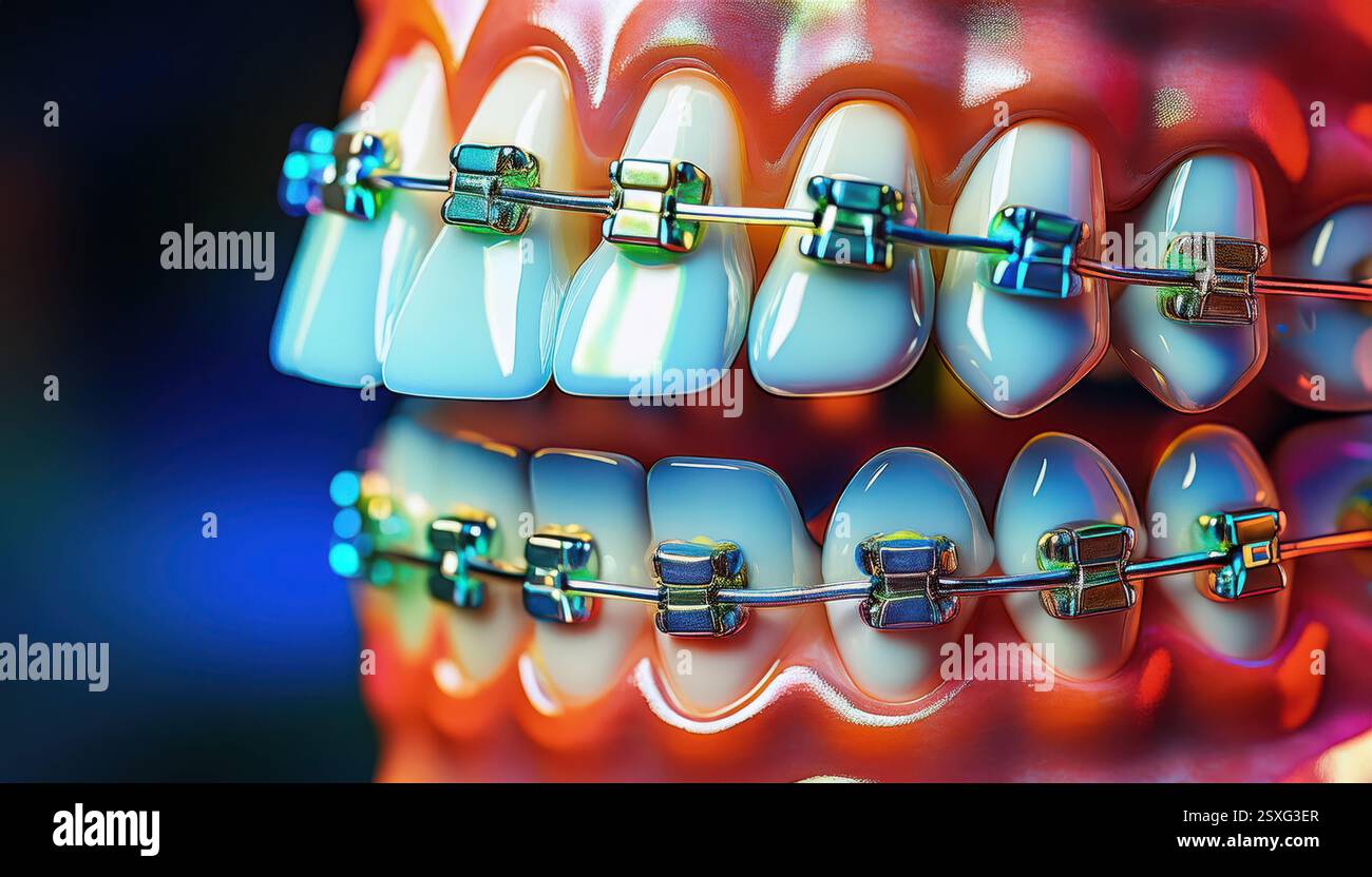 Colorful dental illustration shows braces and aligned teeth ...