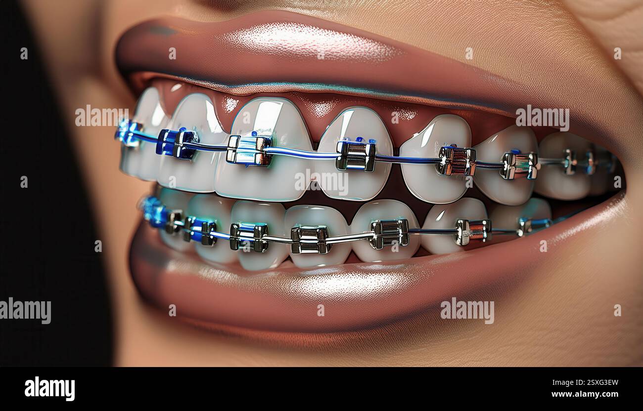 This illustration shows a close-up of orthodontic braces on teeth ...