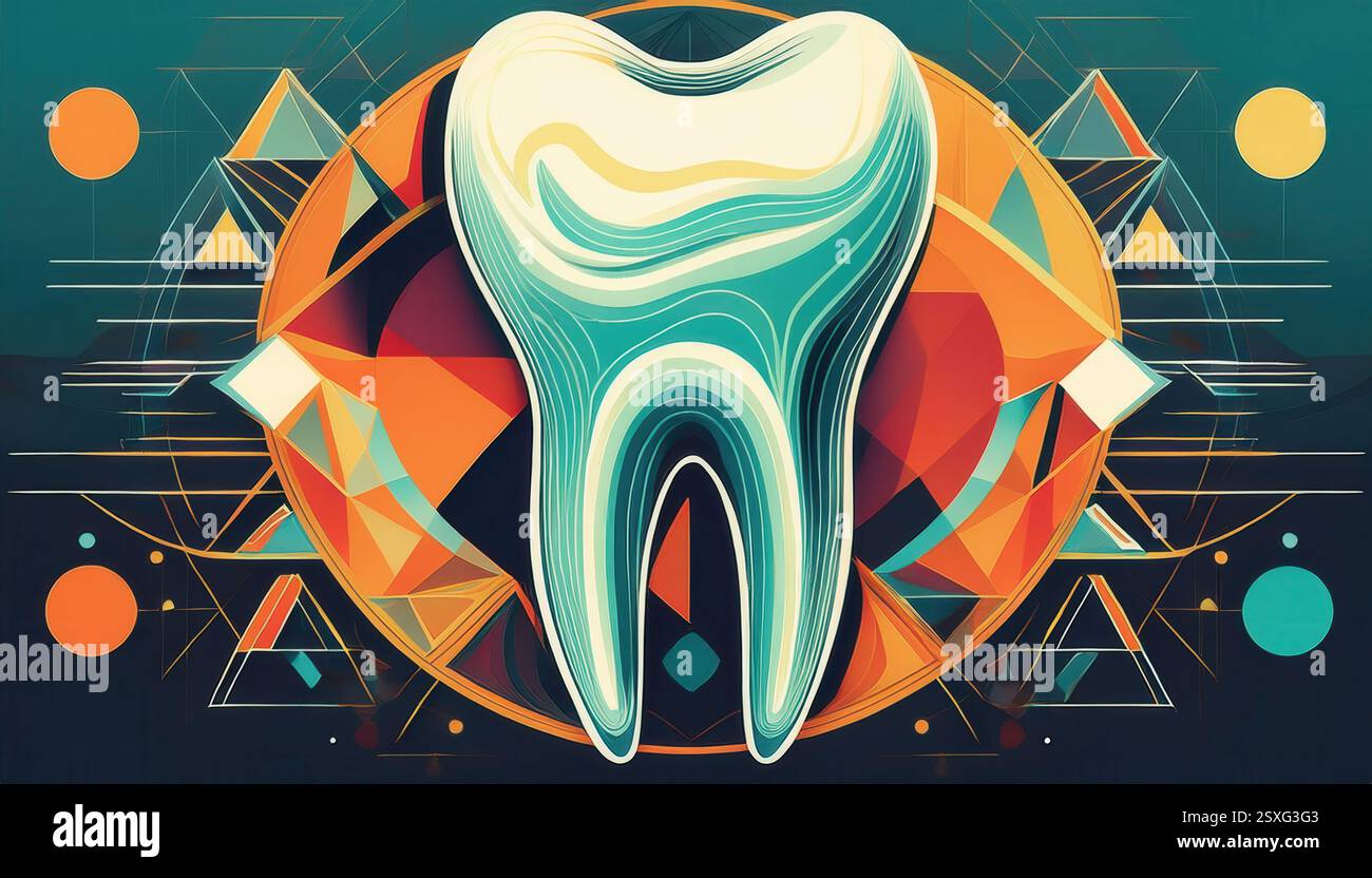 Illustration showcases a stylized dental tooth design surrounded by ...