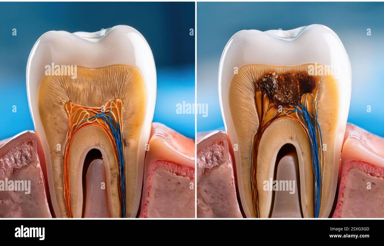 Illustration displays healthy and decayed teeth, highlighting dental ...