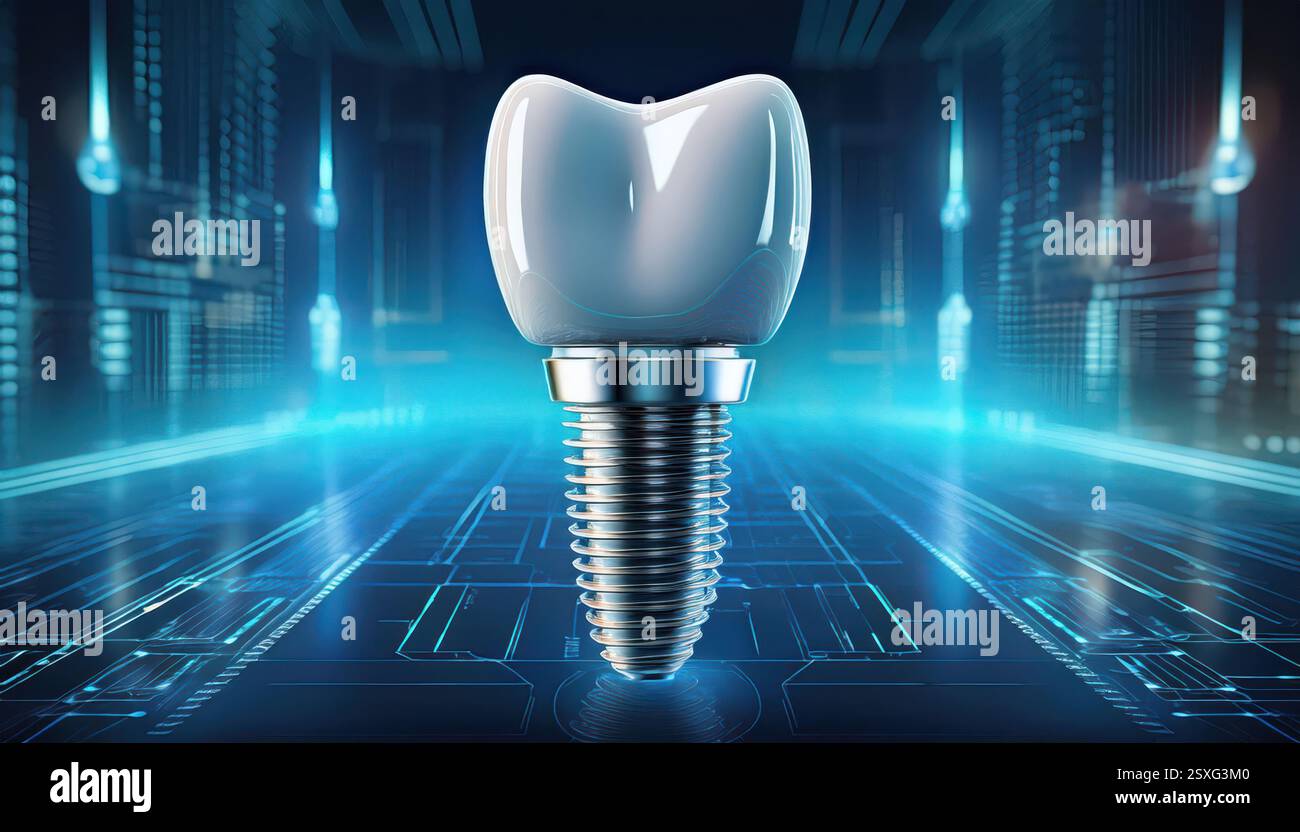 Detailed representation of a dental implant against a high-tech ...