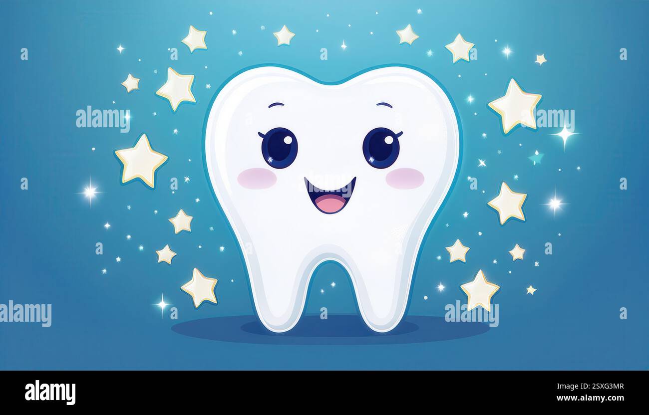 A cheerful tooth character radiates happiness among sparkling stars ...