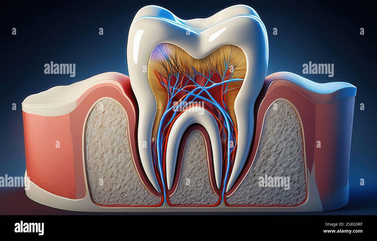 This artwork intricately depicts the anatomy of a tooth along with its ...