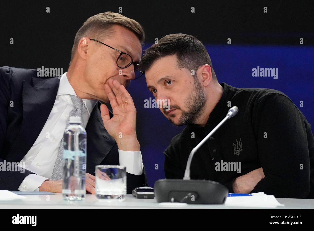 Ukrainian President Volodymyr Zelenskyy listens to Finland President ...