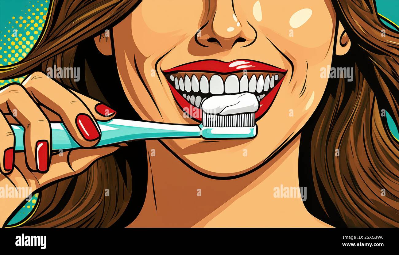 A cheerful person shows how to brush teeth, raising awareness of dental ...