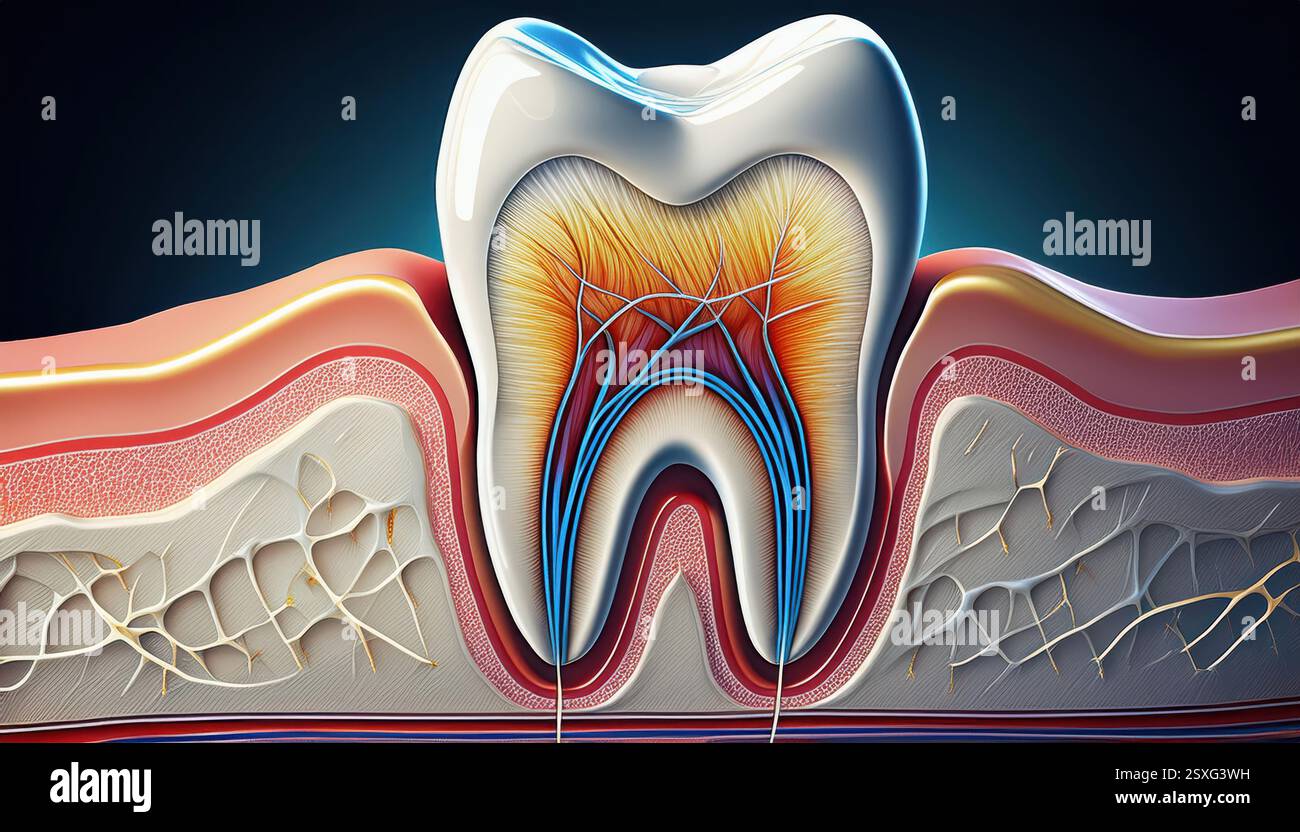Illustration shows tooth anatomy, emphasizing nerves and tissues below ...