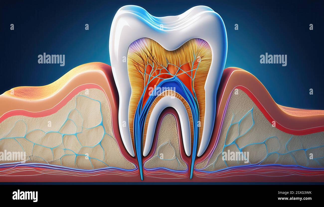 Detailed depiction of dental anatomy revealing the inner workings of a ...