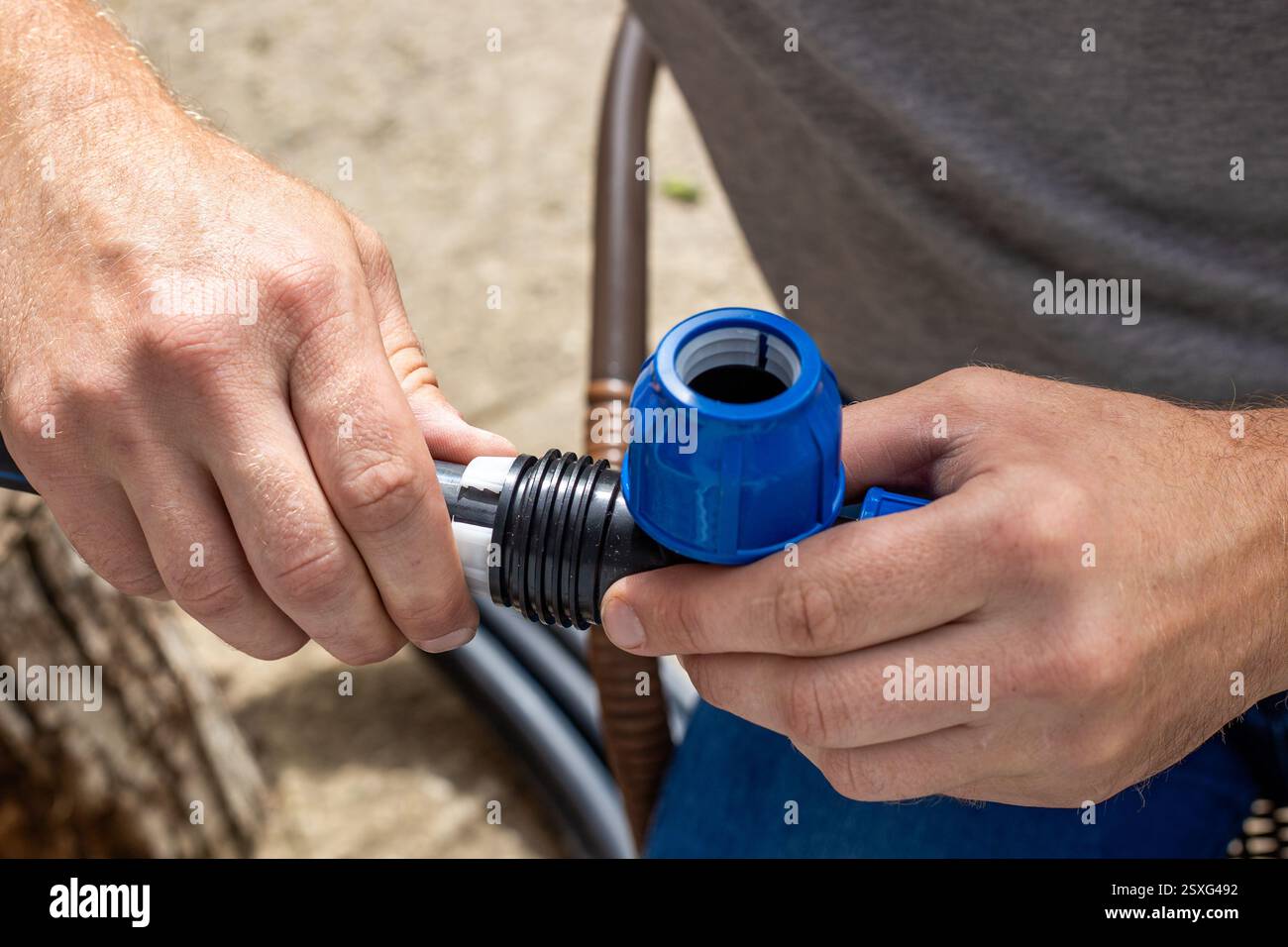 Installation of a drip irrigation system for a garden. A man connects a ...